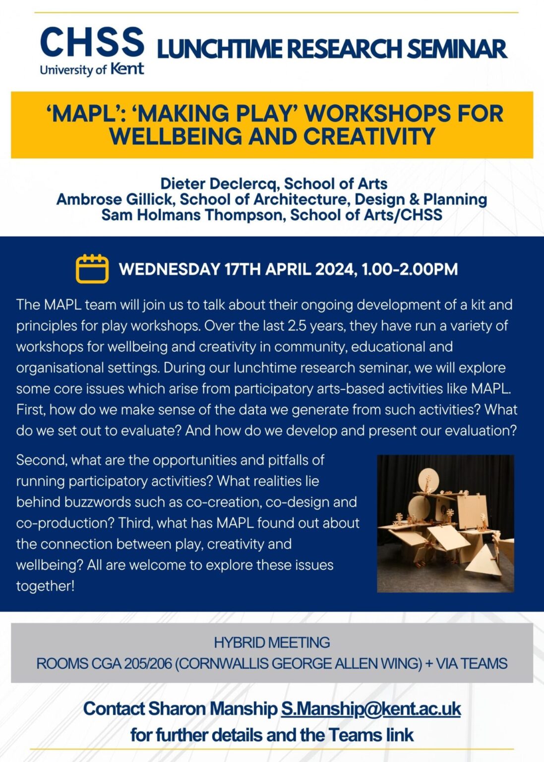 CHSS Lunchtime Seminar 17/4/24: MAPL: Making Play Workshops for wellbeing and creativity - CHSS ...